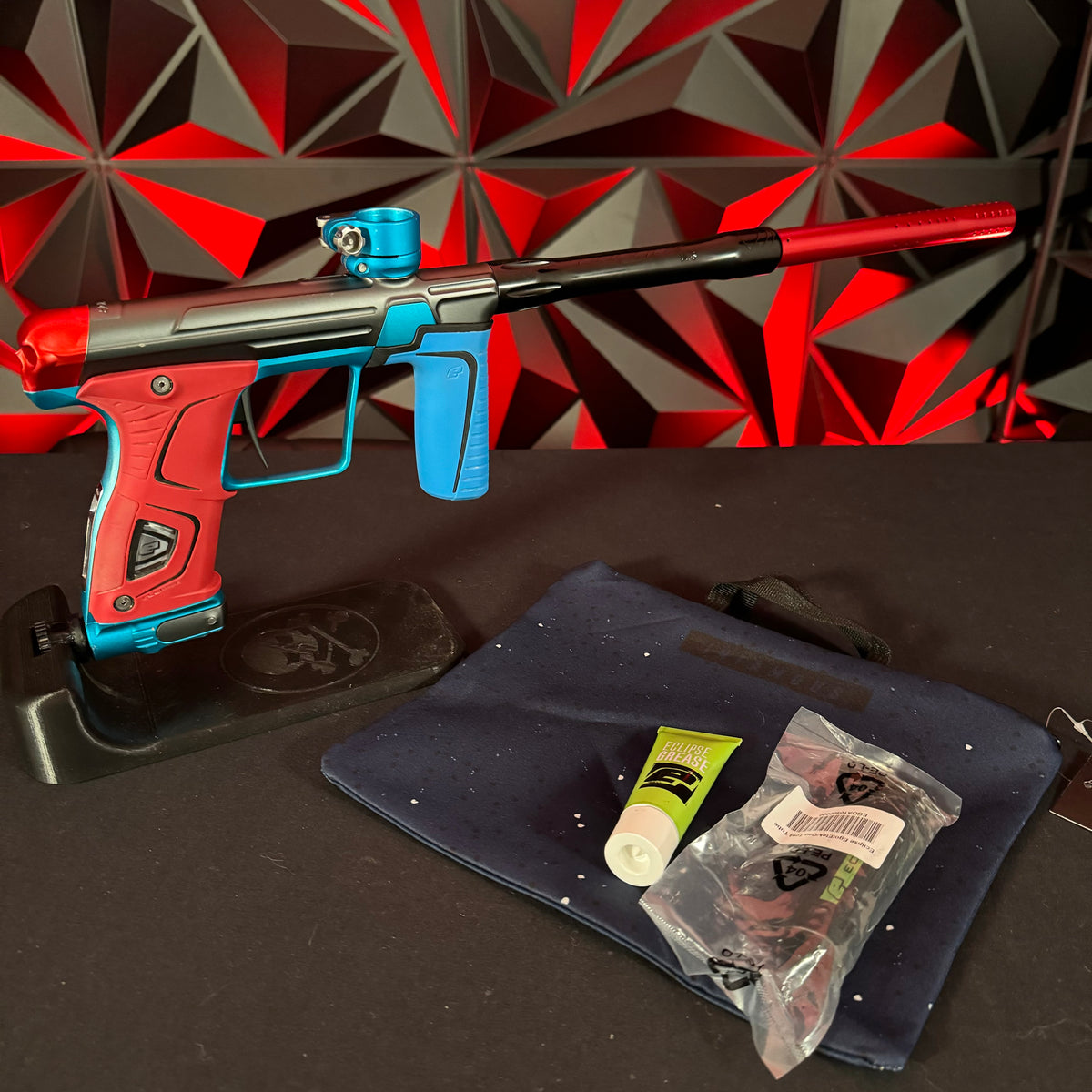 Used Gtek 170R Paintball Gun - Grey/Teal w/ Red & Blue Grips, Red Infa