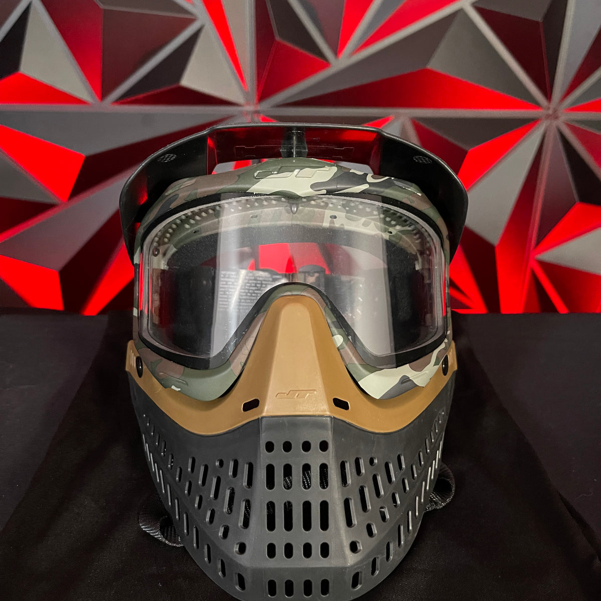 Used JT Proflex Paintball Mask - Black/Tan Camo Skirt/Army Camo Frame